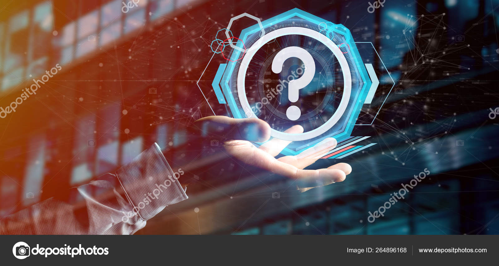 Man holding a Technology question mark icon on a circle 3d rende ...