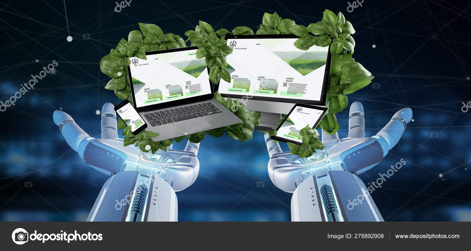 Cyborg holding a Connected devices surrounding by leaves 3d rend Stock ...