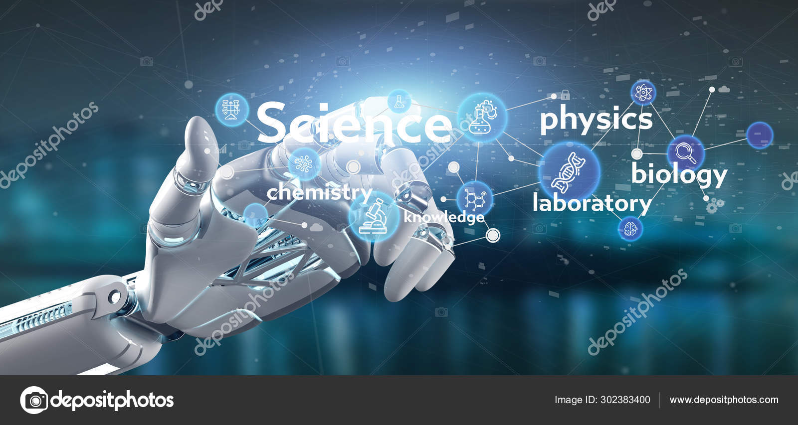 Cyborg hand holding Science icons and title Stock Photo by ©perig76 ...