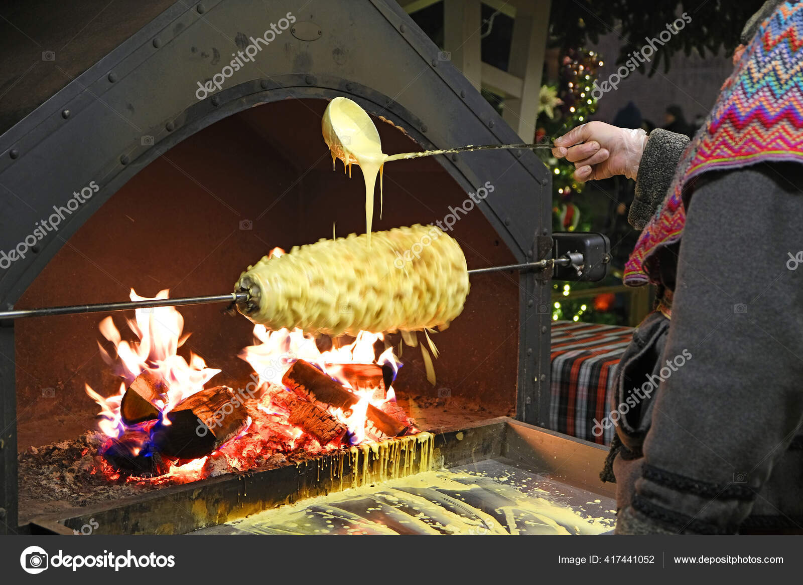 Cooking Traditional Lithuanian Dish Shakotis Raguolis Open Fire Vintage ...