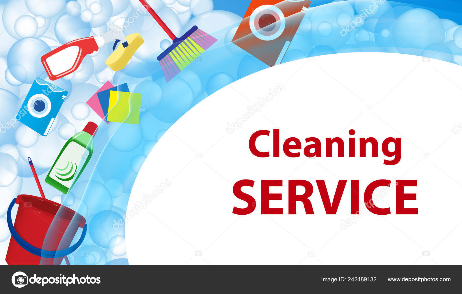 Cleaning Service Blue Background Poster Banner Soap Bubbles Tools ...