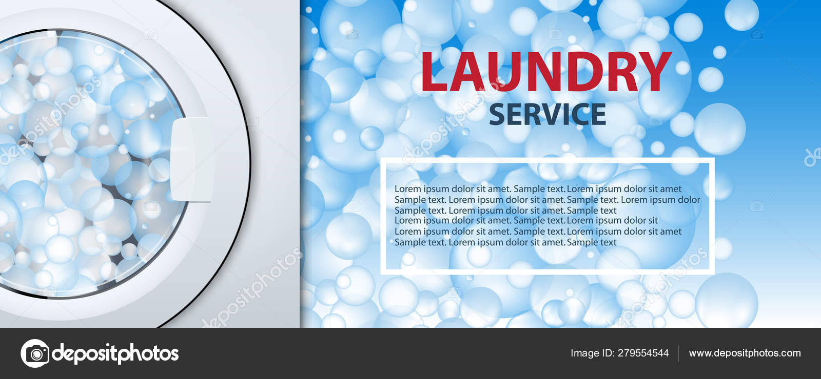 Laundry service banner or poster. Washing machine background with soap ...