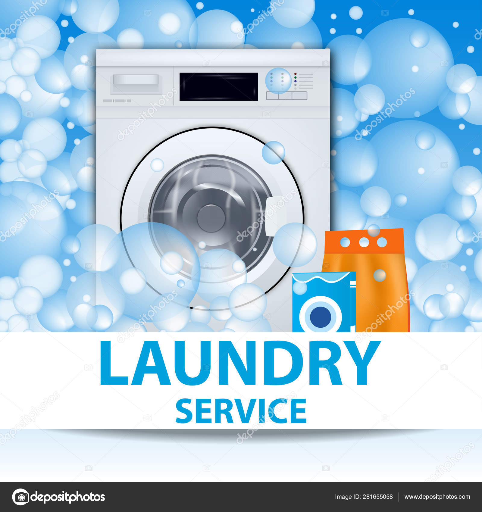 Laundry service poster or banner. Washing machine front loading ...