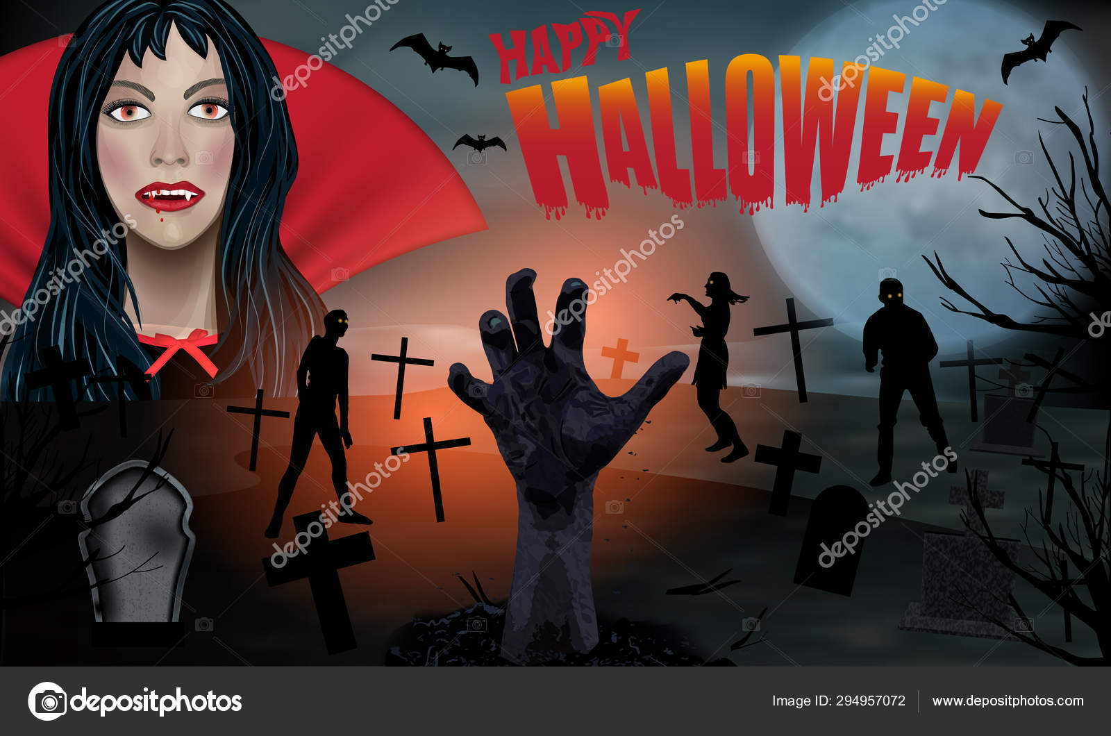 Young Vampire Woman blood on his lips and Zombie in cemetery. Halloween ...