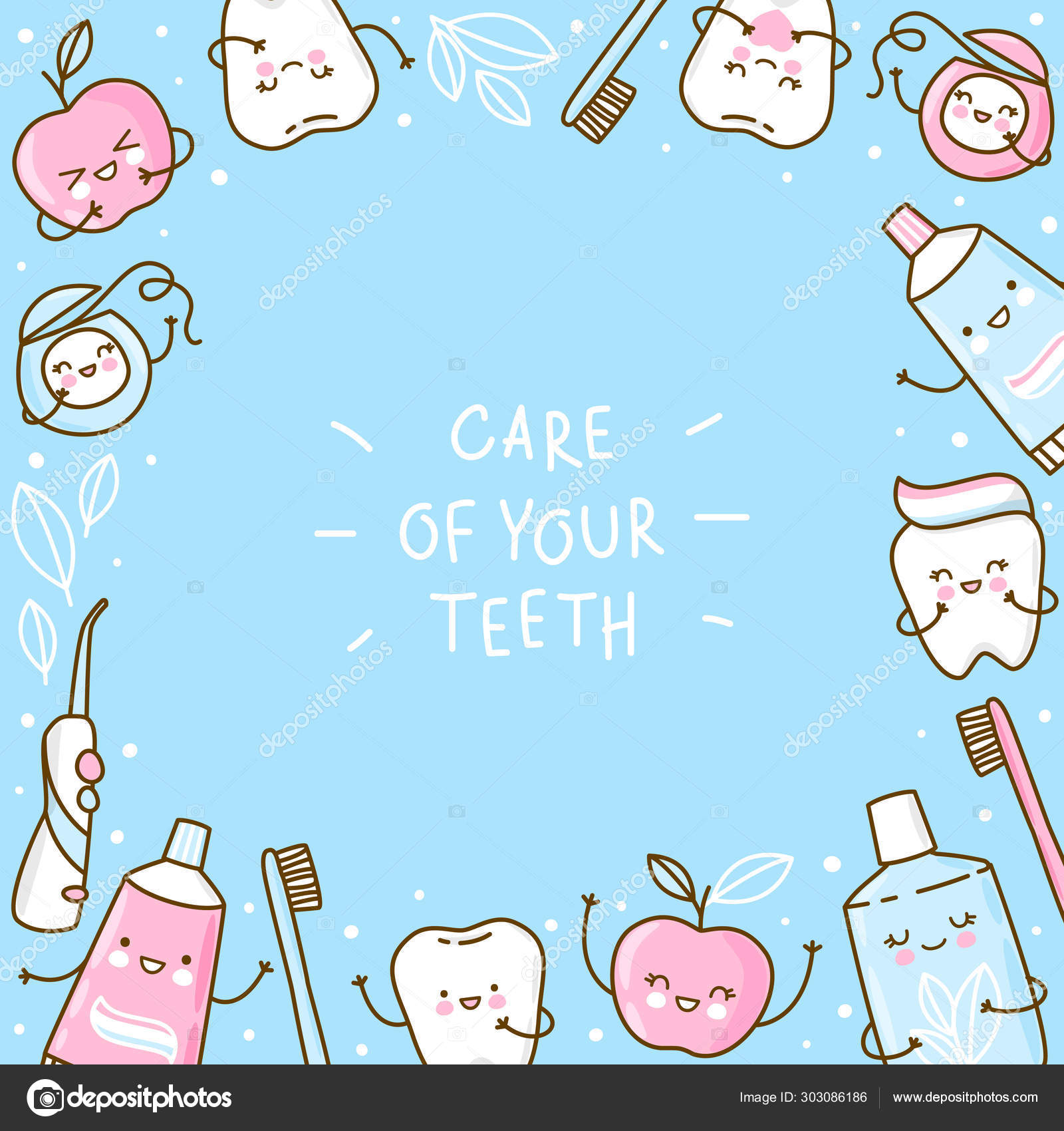 Cute Frame Teeth Objects Dental Care Blue Background Stock Vector Image ...