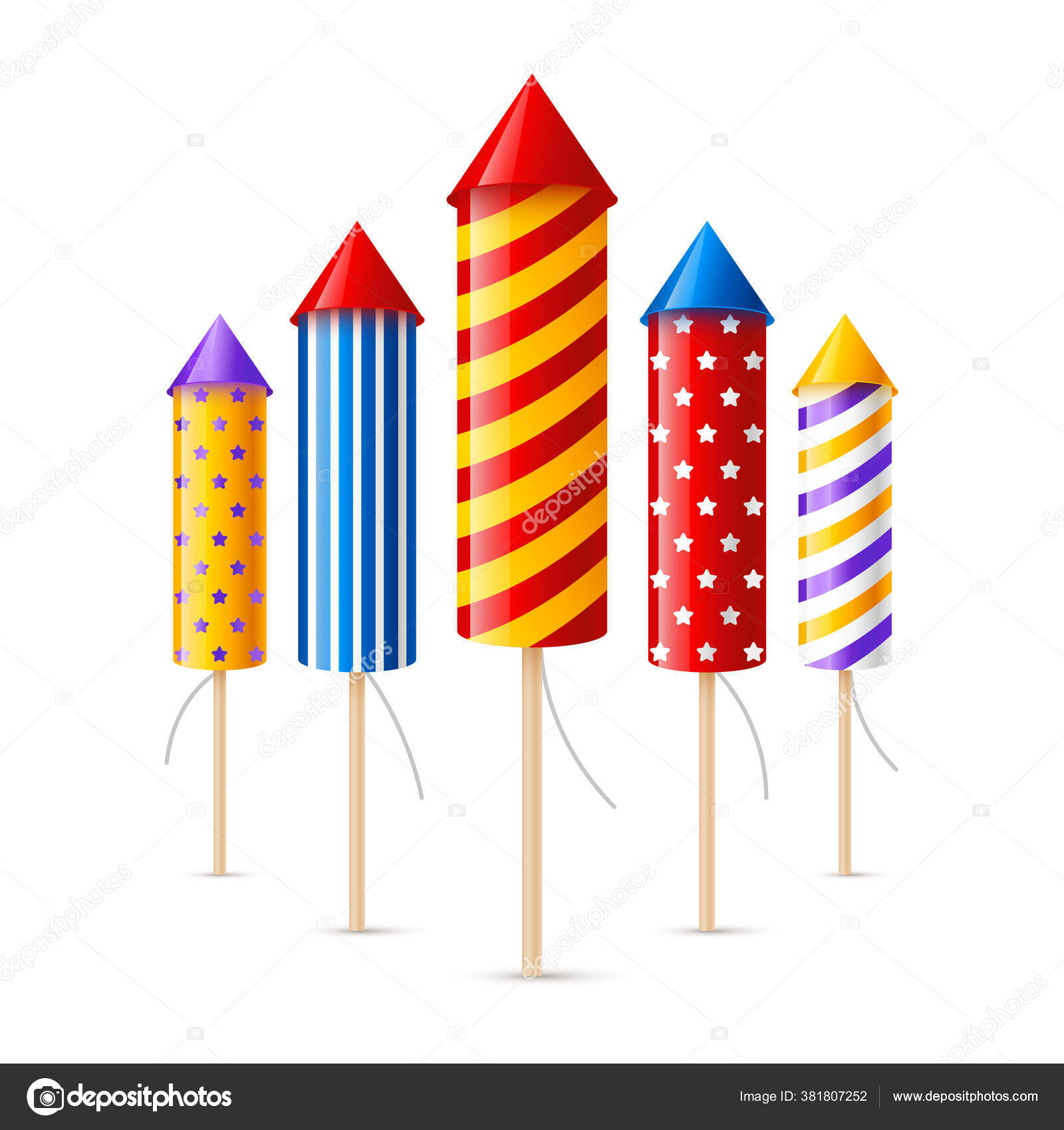 Group Color Firework Rockets Isolated White Background Party Design ...