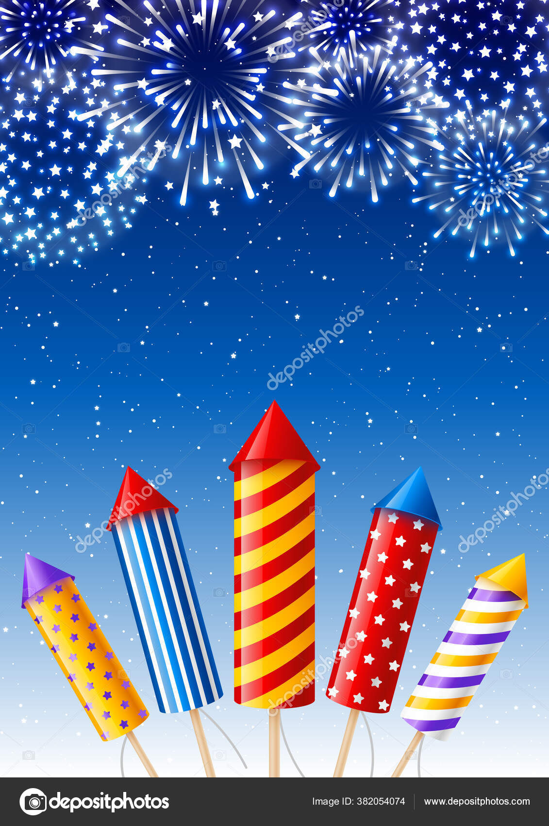 Festive Greeting Card Fireworks Rockets Starry Night Sky Background ...
