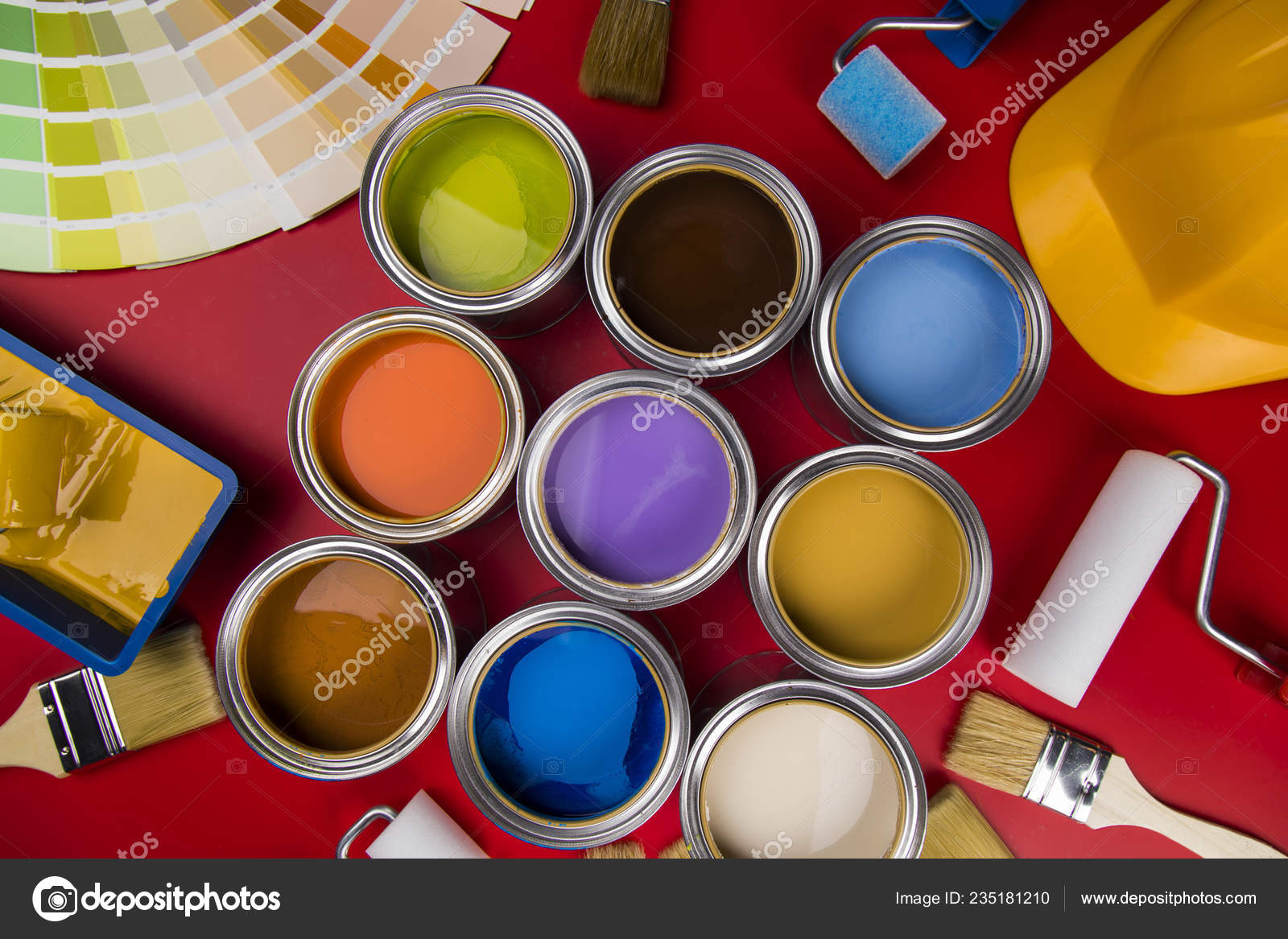 Collection Colored Paints Cans Brush Red Background Stock Photo by ...