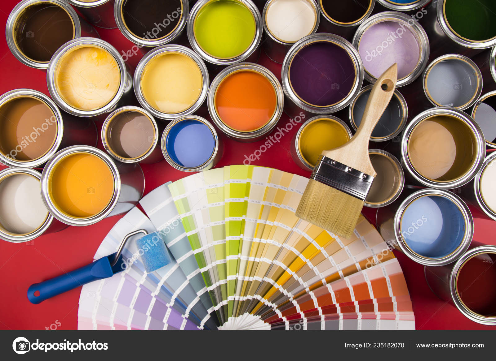 Collection Colored Paints Cans Brush Red Background Stock Photo by ...