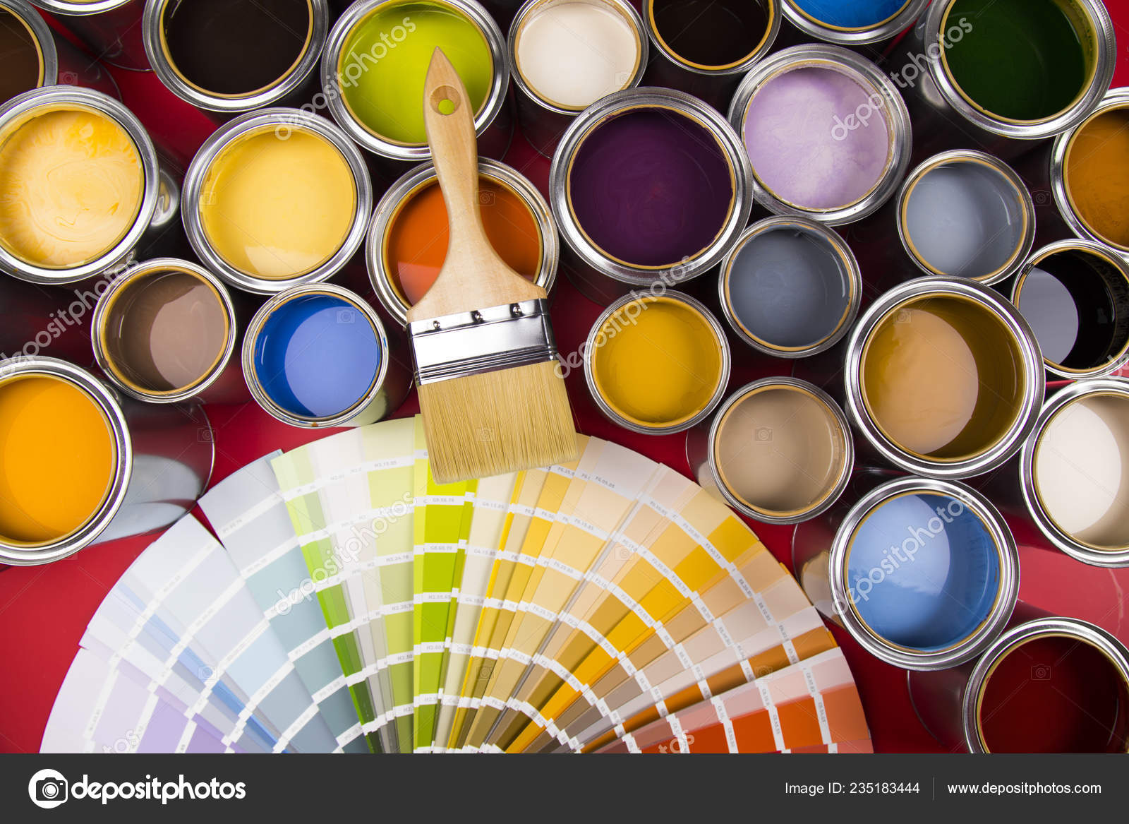 Full Buckets Rainbow Colored Oil Paint Red Background Stock Photo by ...