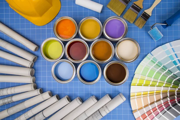 Colorful Paint Can Brush Blue Background — Stock Photo © JanPietruszka ...