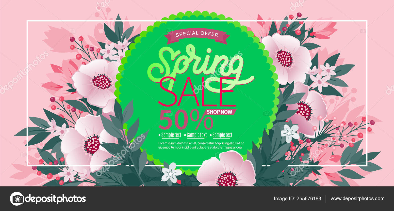 Spring background with green leaves and flowers on trendy geometric ...