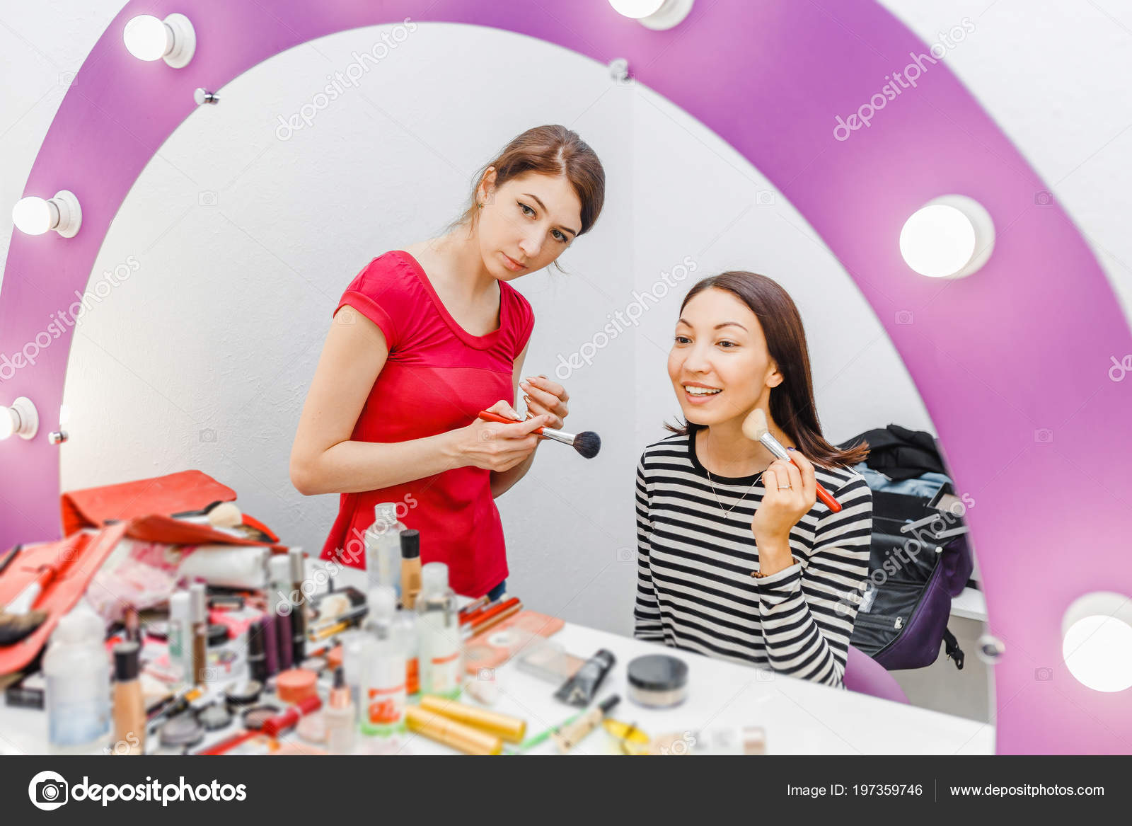 Girls Friends Learn How Apply Makeup Use Cosmetics Beautiful Mirror ...