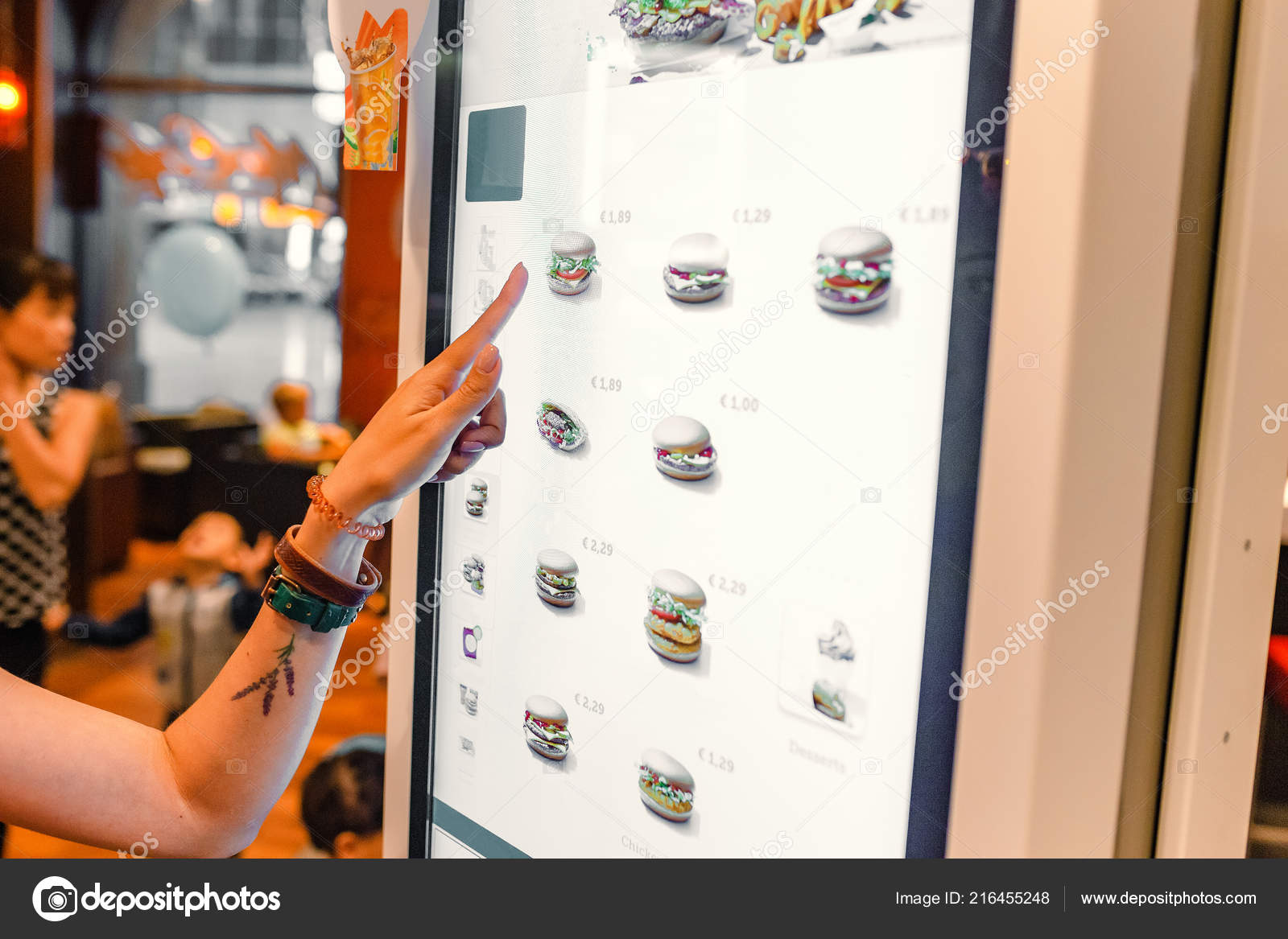 Woman Orders Food Touch Screen Terminal Electronic Menu Fast Food ...