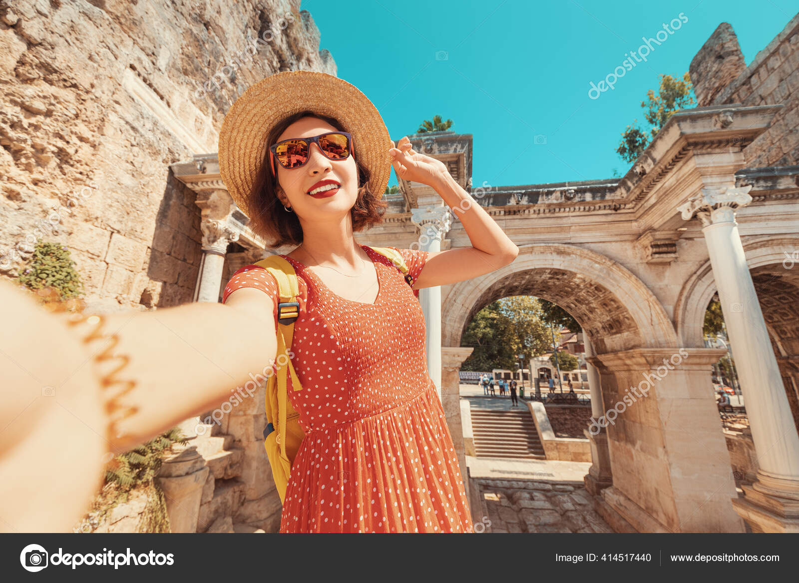 Happy Female Tourist Traveller Takes Selfie Photos Backdrop Hadrian's Gate — Stock Photo ...