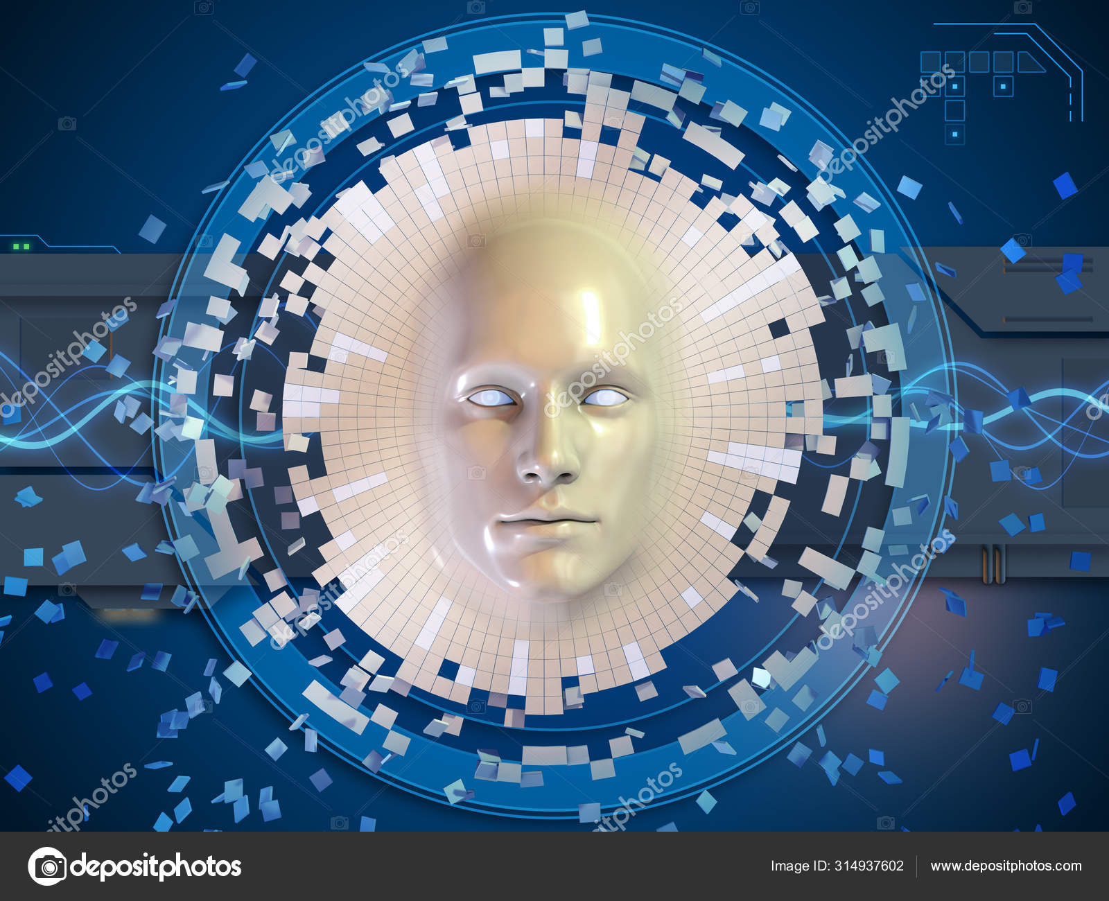 Conceptual image of an head mask dissolving into an high technol ...