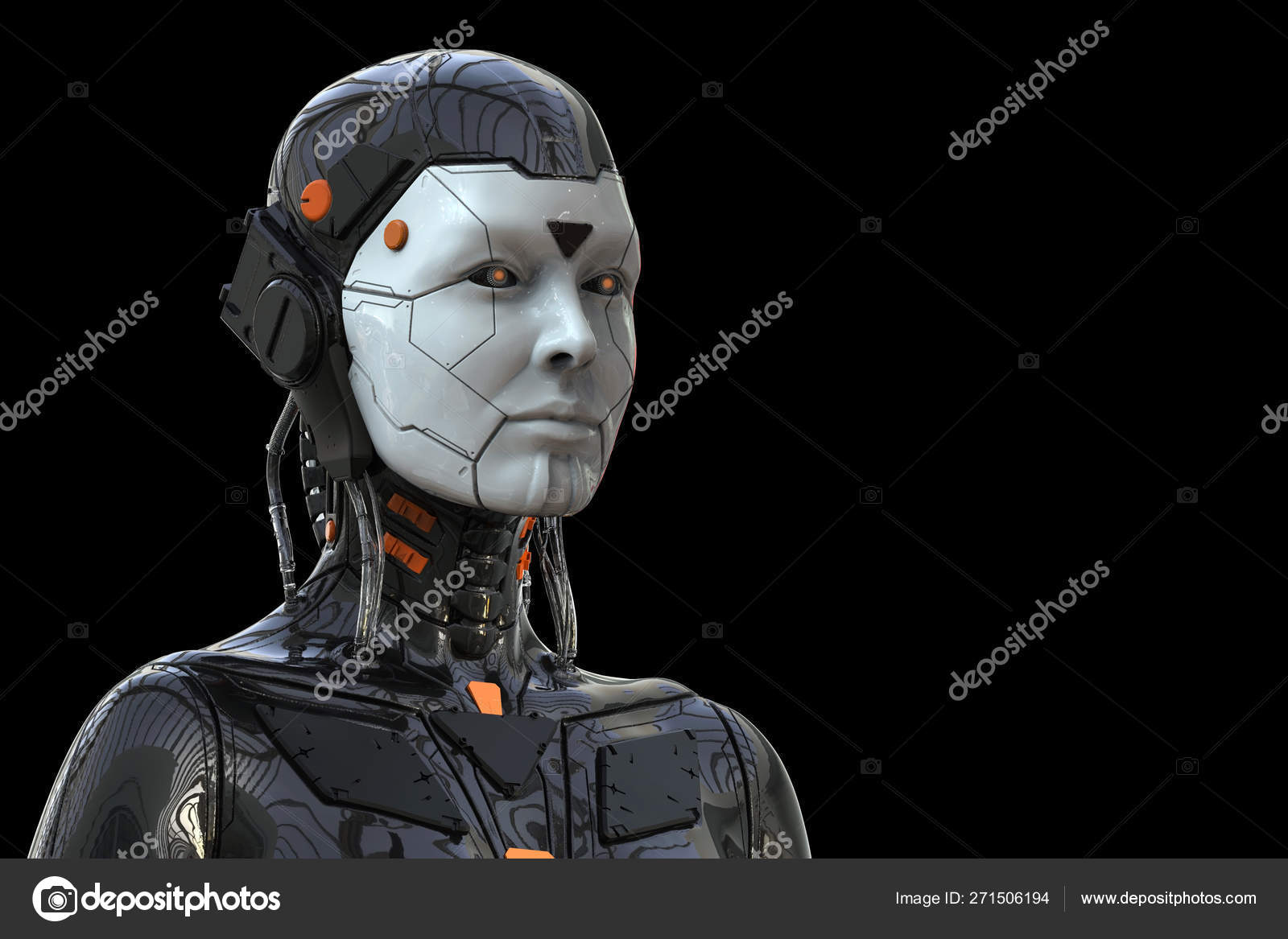 Robot Android Cyborg Woman Humanoid Isolated Black Background Realistic ...