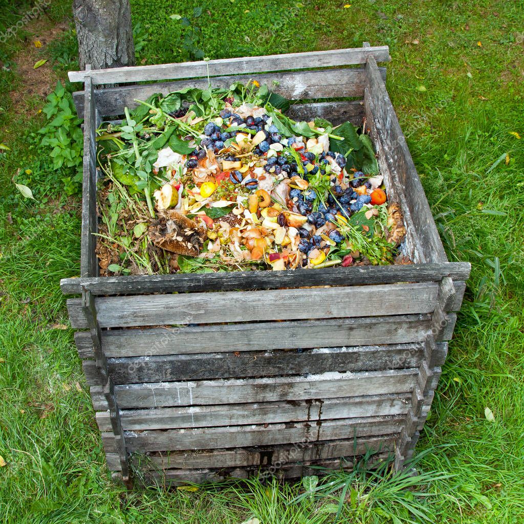 Cubo de compost en el jardín. Pila de compostaje de frutas y verduras ...