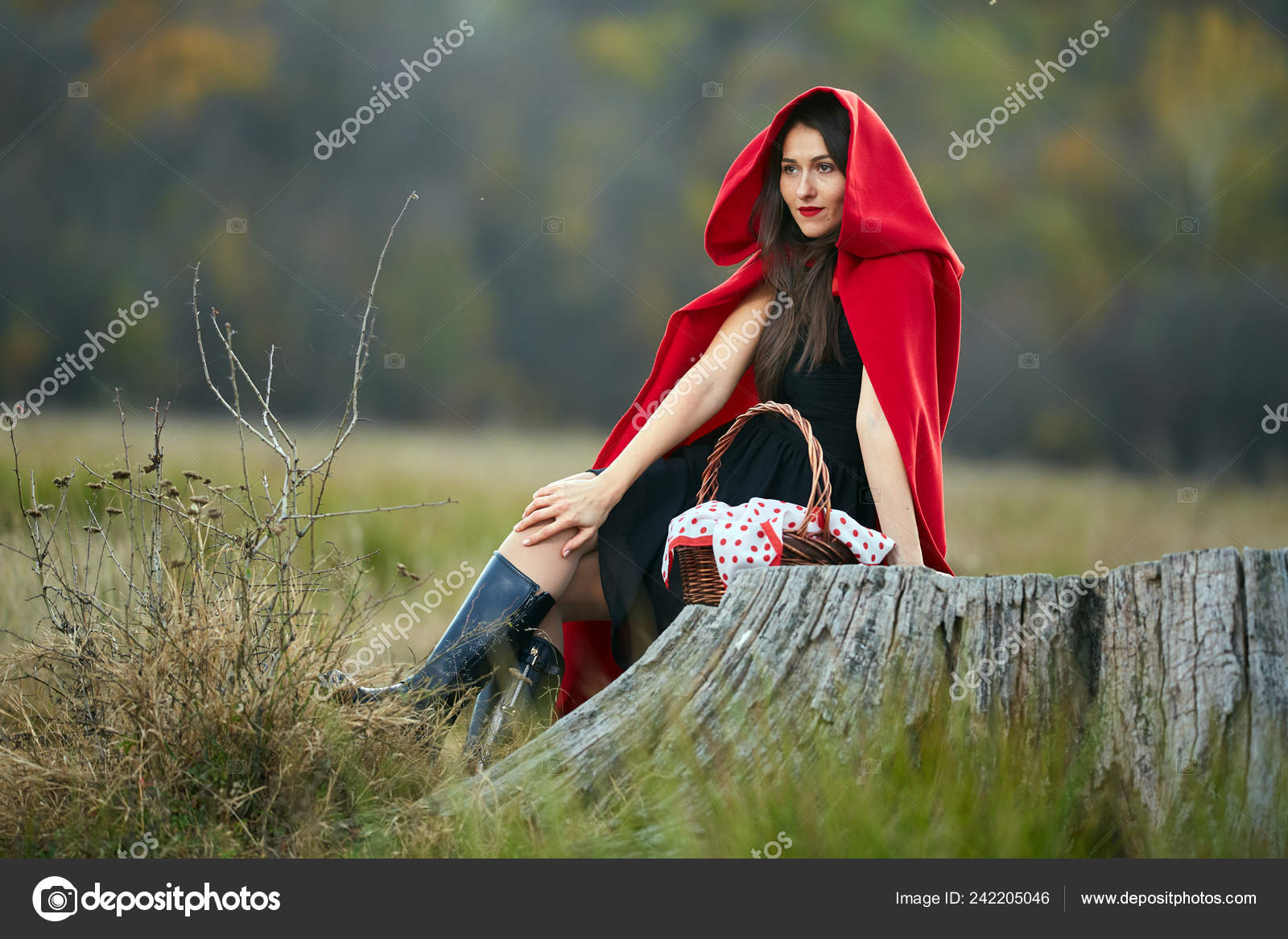 Woman Dressed Red Riding Hood Various Postures Forest — Stock Photo ...