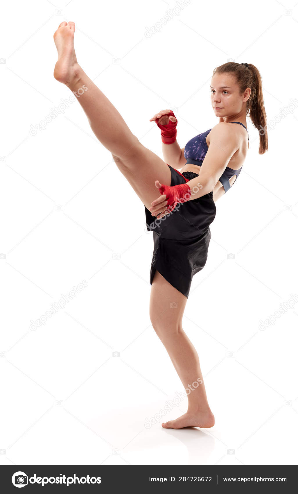 Young Girl Kickboxing Fighter Training Isolated White Background Stock