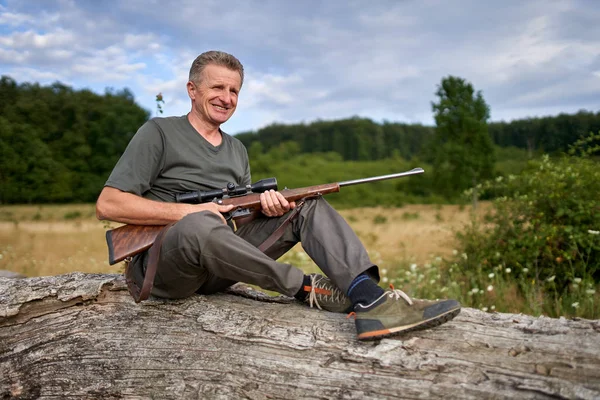 Hunter Double Barrel Gun Shoulder Standing Forest — Stock Photo ...