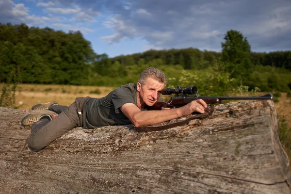 Hunter Double Barrel Gun Shoulder Standing Forest — Stock Photo ...
