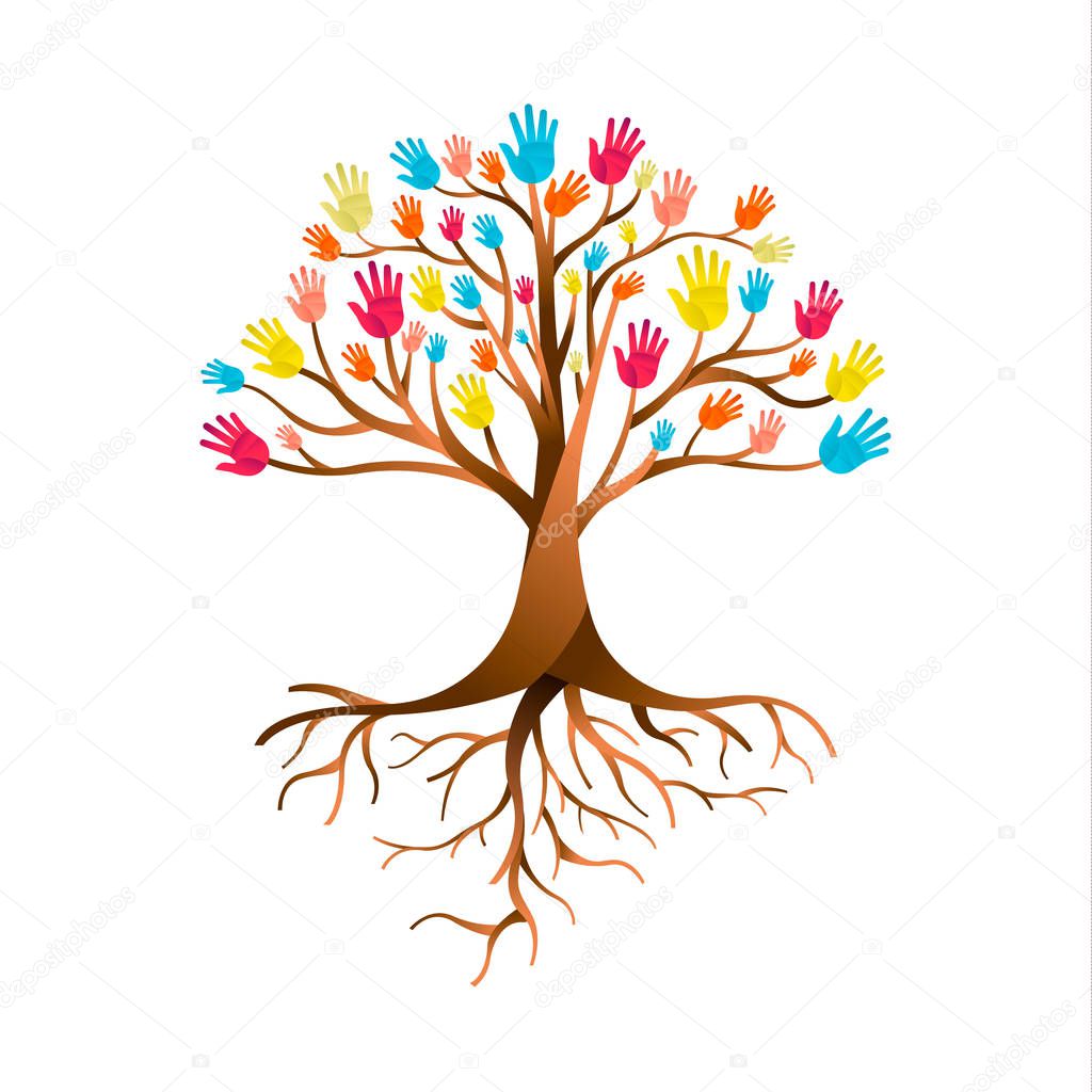 Árbol hecho de coloridas manos humanas con ramas y raíces. Concepto de ...