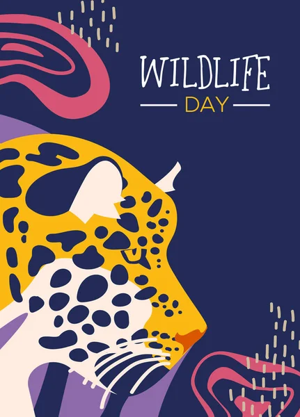 Happy wildlife day illustration. Wild leopard big cat with abstract ...
