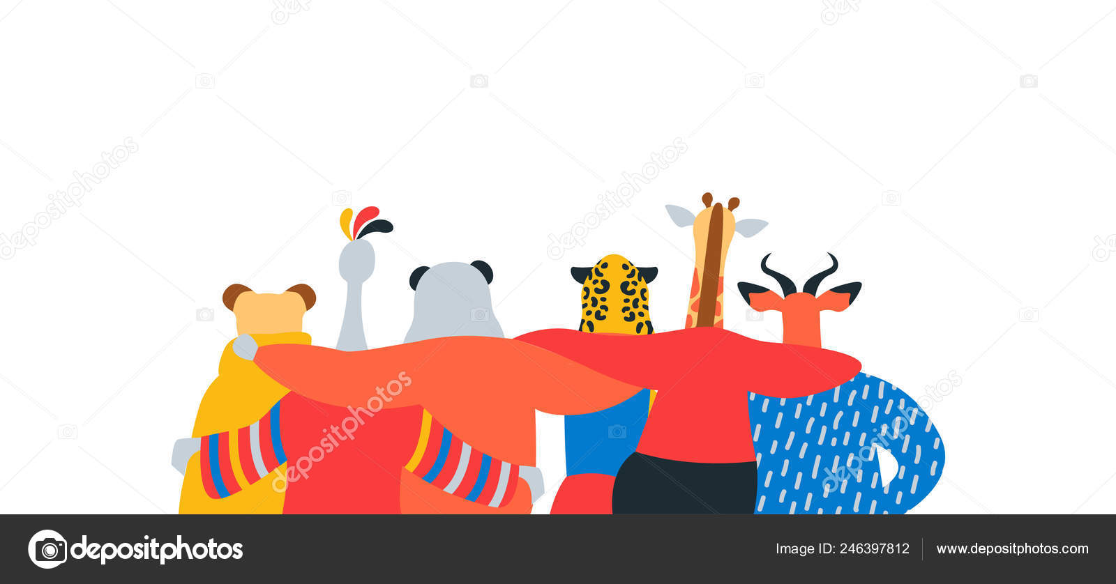 Diverse Friend Group Wild Animals Hugging Together Banner Illustration ...