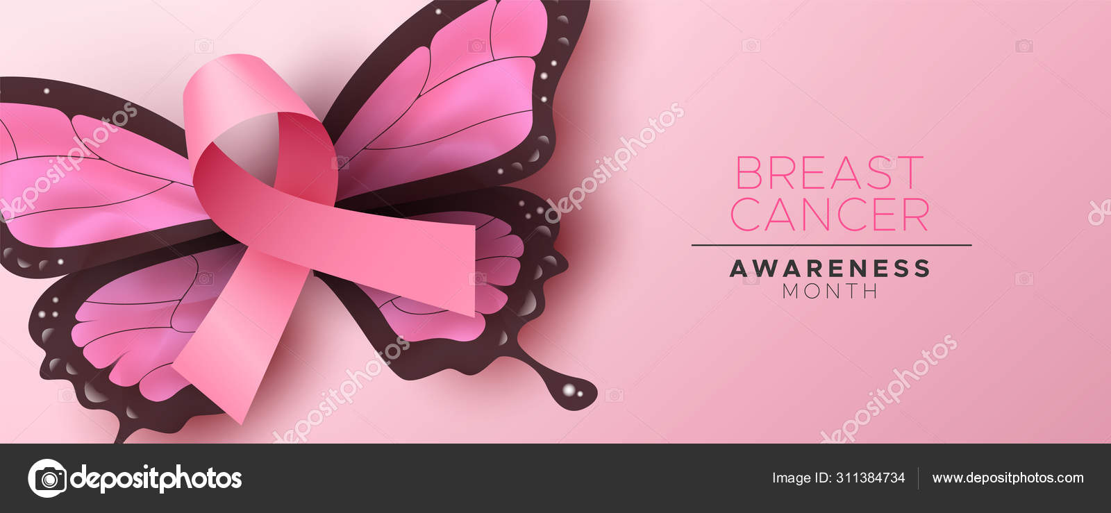 Breast Cancer Awareness Pink Butterfly Wing Ribbon — Stock Vector