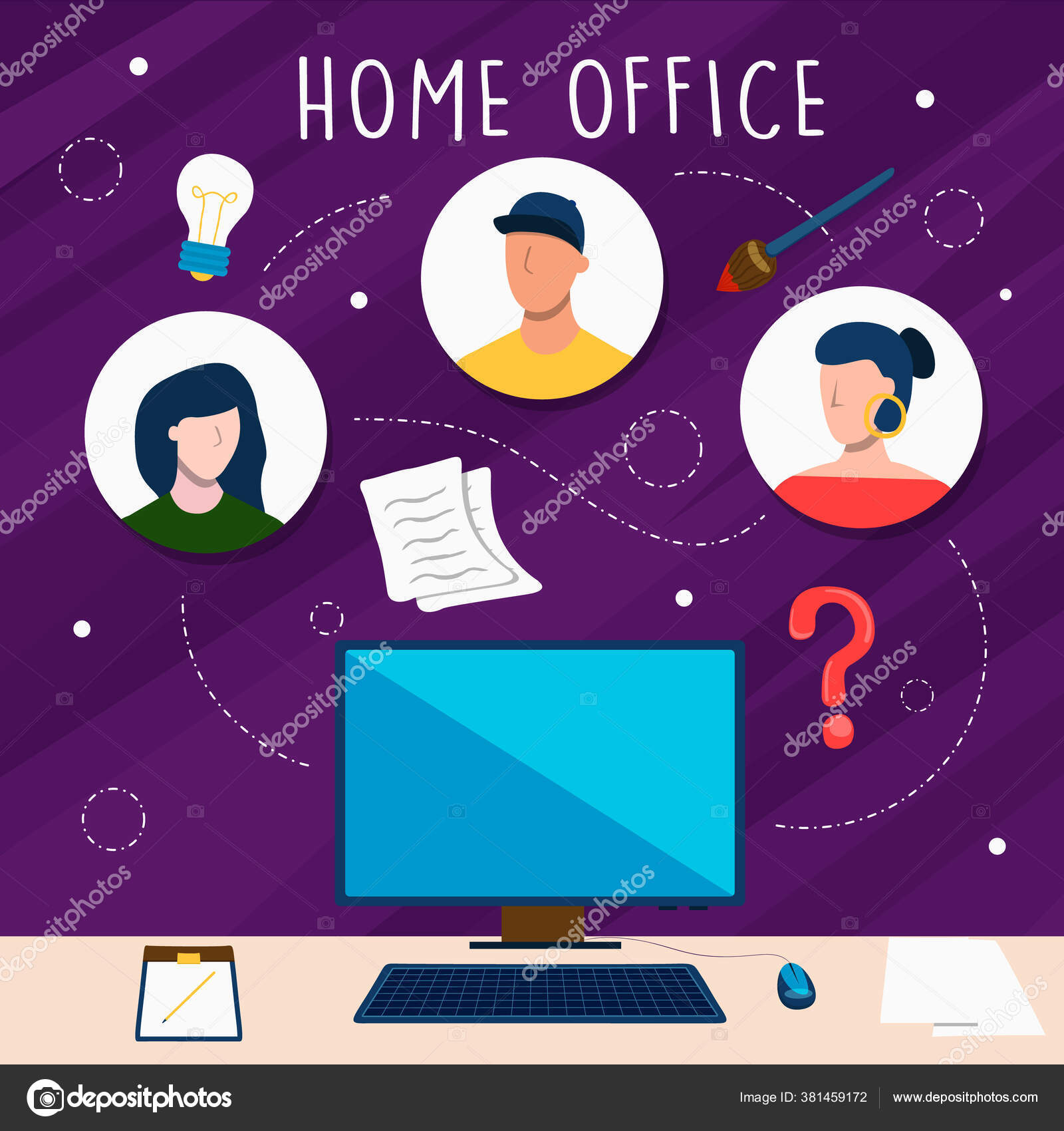 Home Office Flat Cartoon Illustration Online Business Job Work Team ...