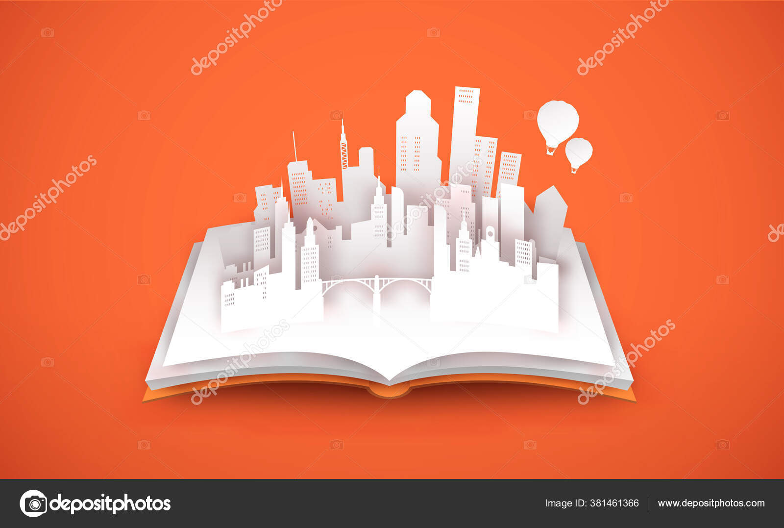 Open Book Modern City Skyline Paper Cut Style Empty White Stock Vector ...