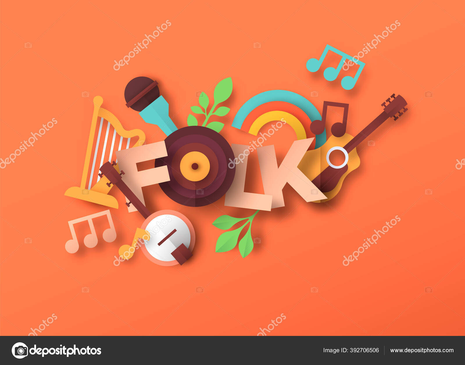 Folk Music Style Illustration Paper Cut Musical Instrument Icons ...