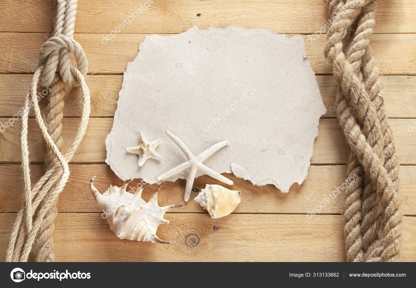 Old Sheet Paper Board Ship Shells Starfish Wooden Background Stock ...