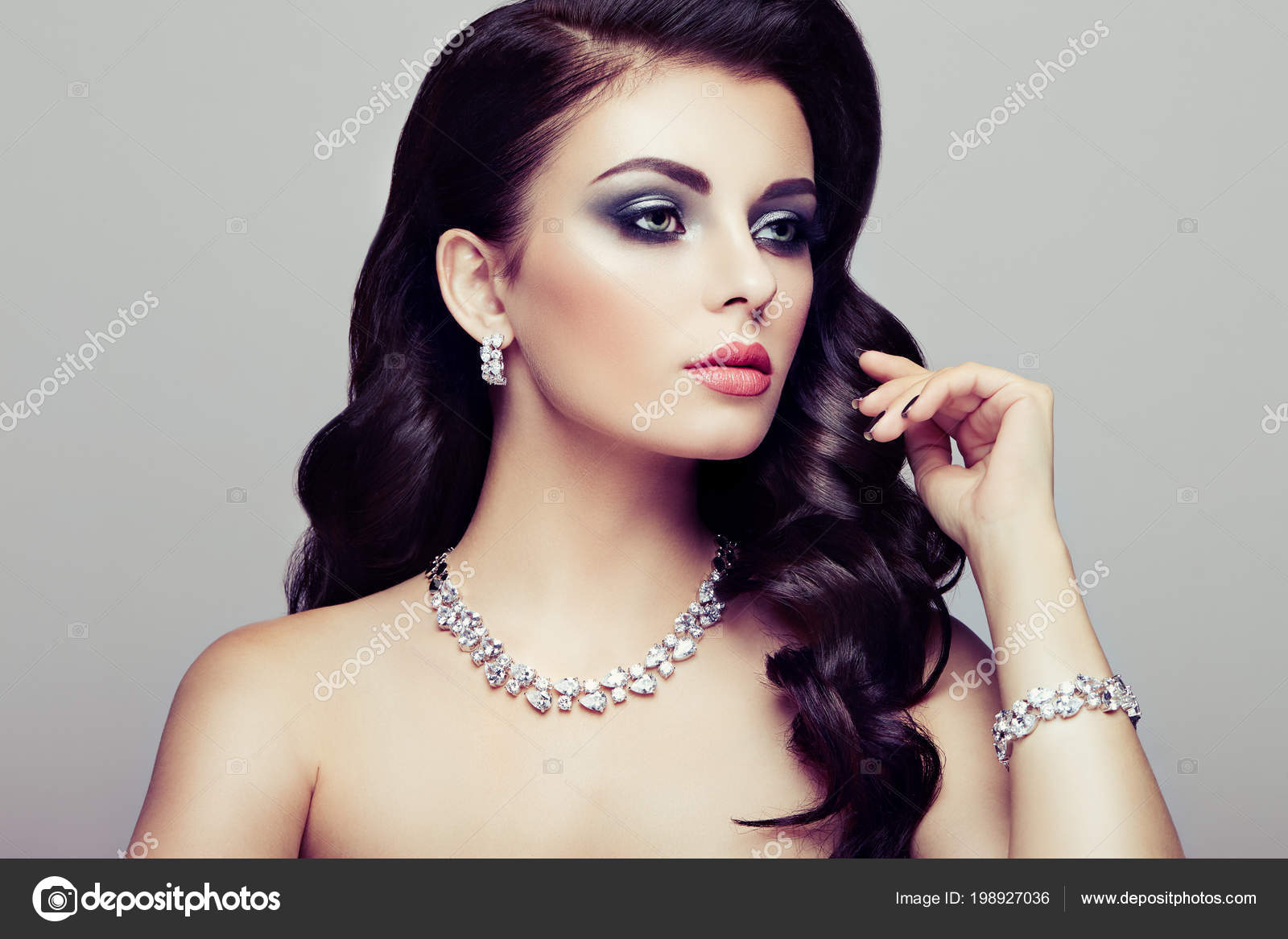 Brunette Girl Long Shiny Curly Hair Beautiful Model Woman Curly Stock