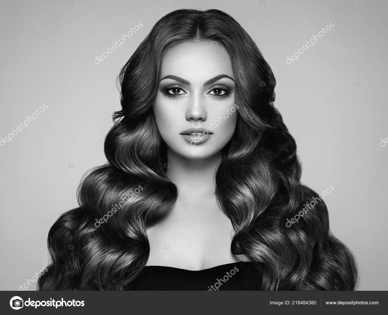 Brunette Girl Long Healthy Shiny Curly Hair Care Beauty Beautiful Stock