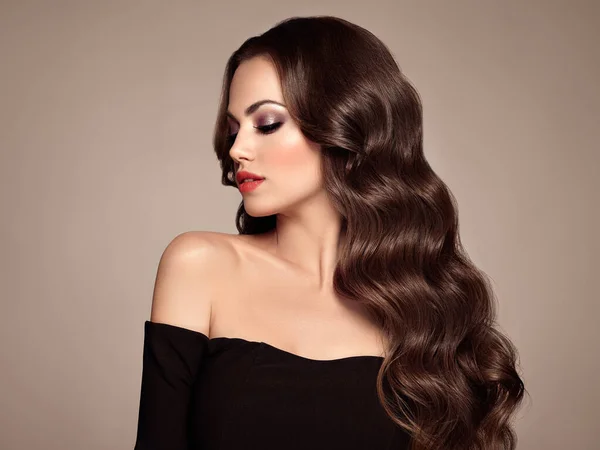 Brunette Girl Long Healthy Shiny Curly Hair Care Beauty Beautiful Stock