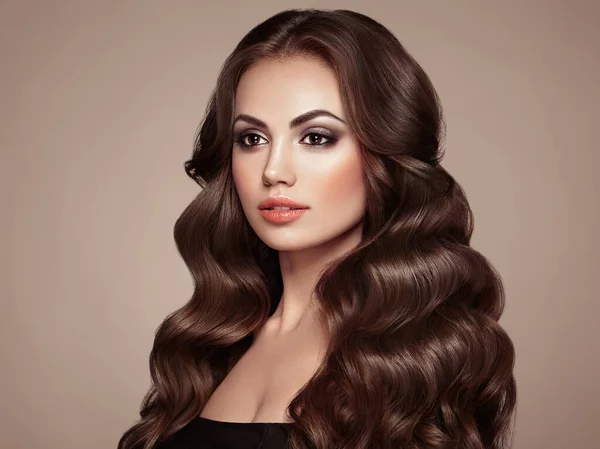 Brunette Girl Long Healthy Shiny Curly Hair Care Beauty Beautiful Stock