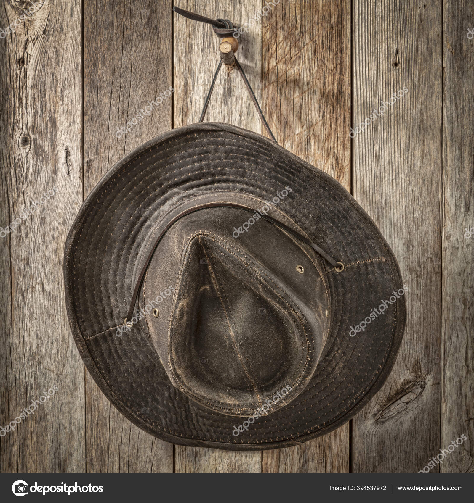 Weathered Outback Oilskin Hat Hanging Rustic Barn Wall Monochromatic ...