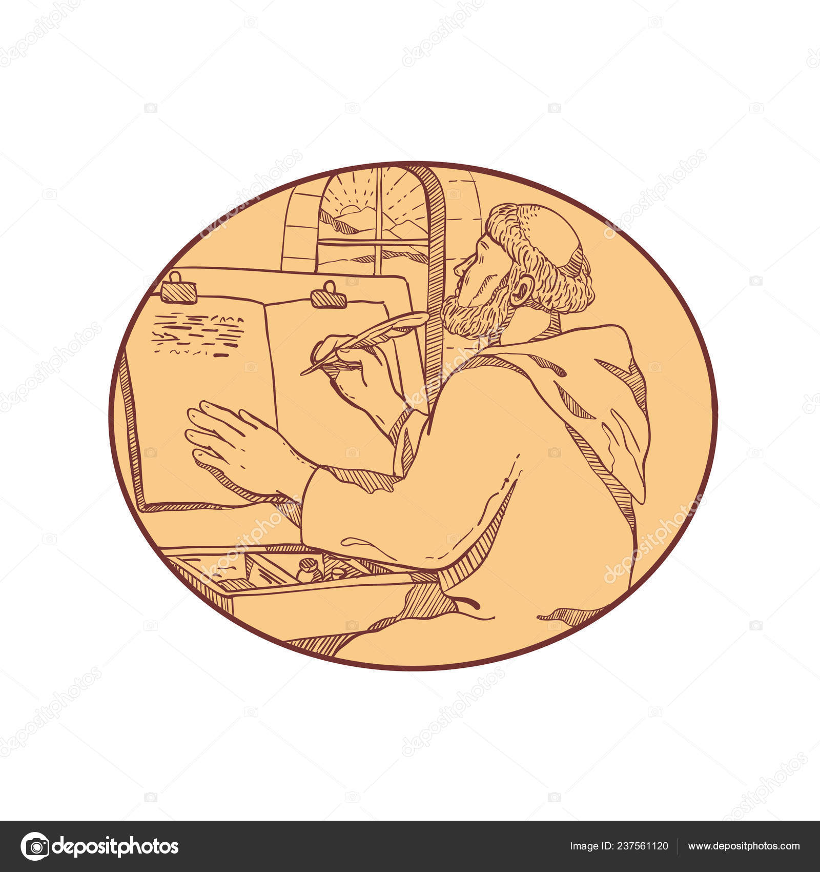 Desenho Esboço Ilustração Estilo Escriba Monástico Escrita Monge ...