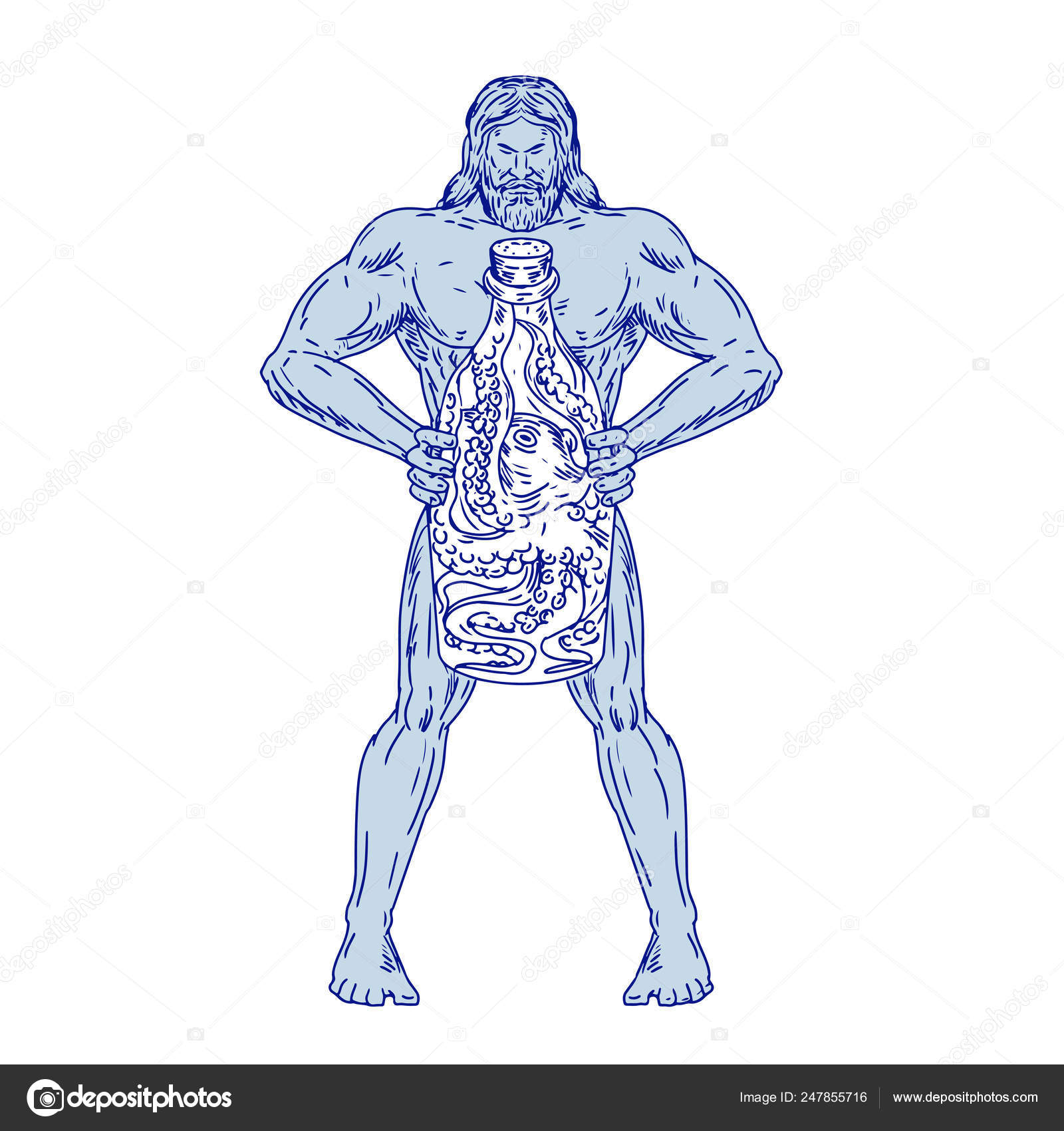 Hercules Holding Bottle With Octopus Inside Drawing Stock Vector Image ...
