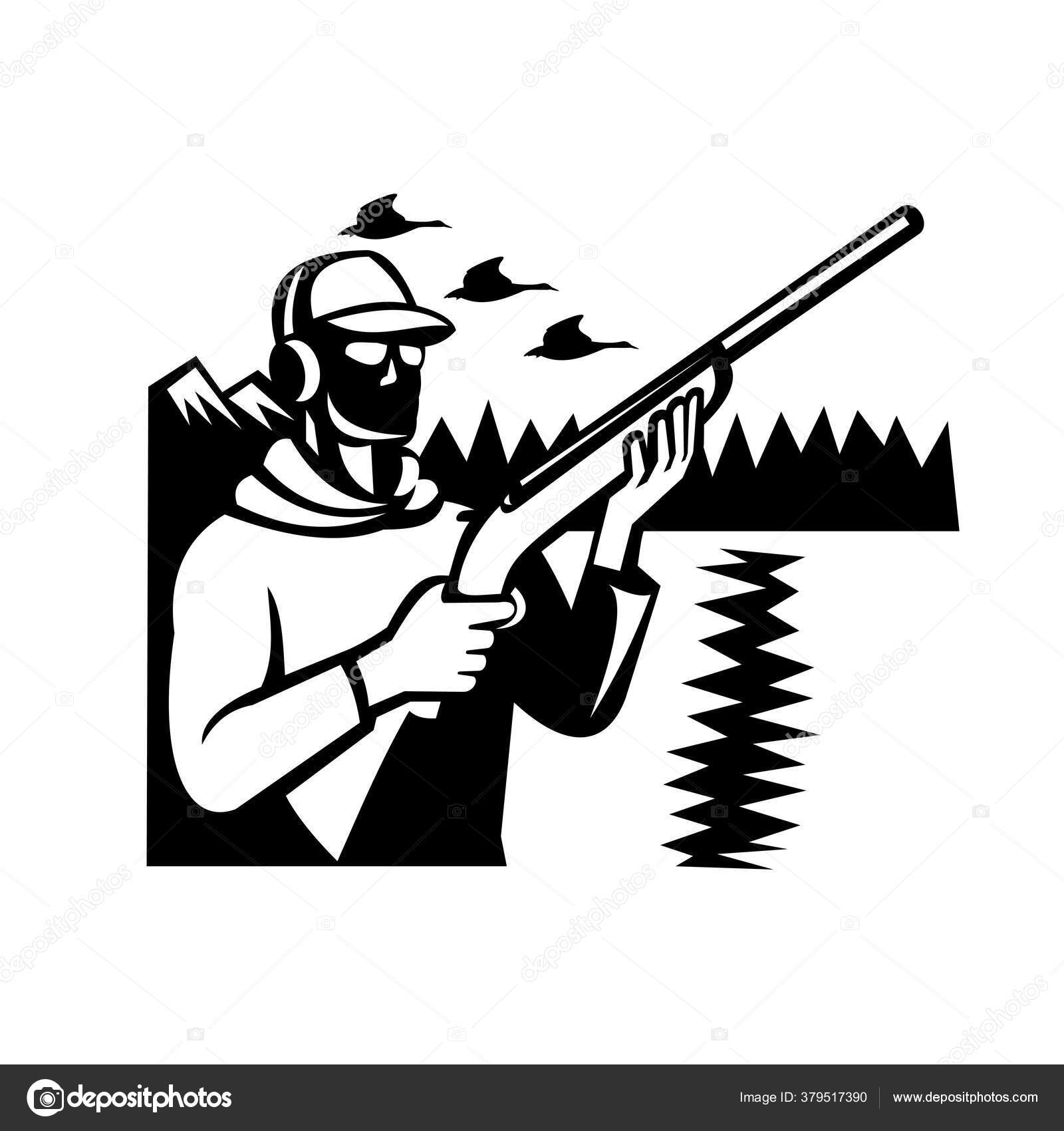 Black White Illustration Bird Hunter Duck Shooter Hunting Shotgun Rifle ...