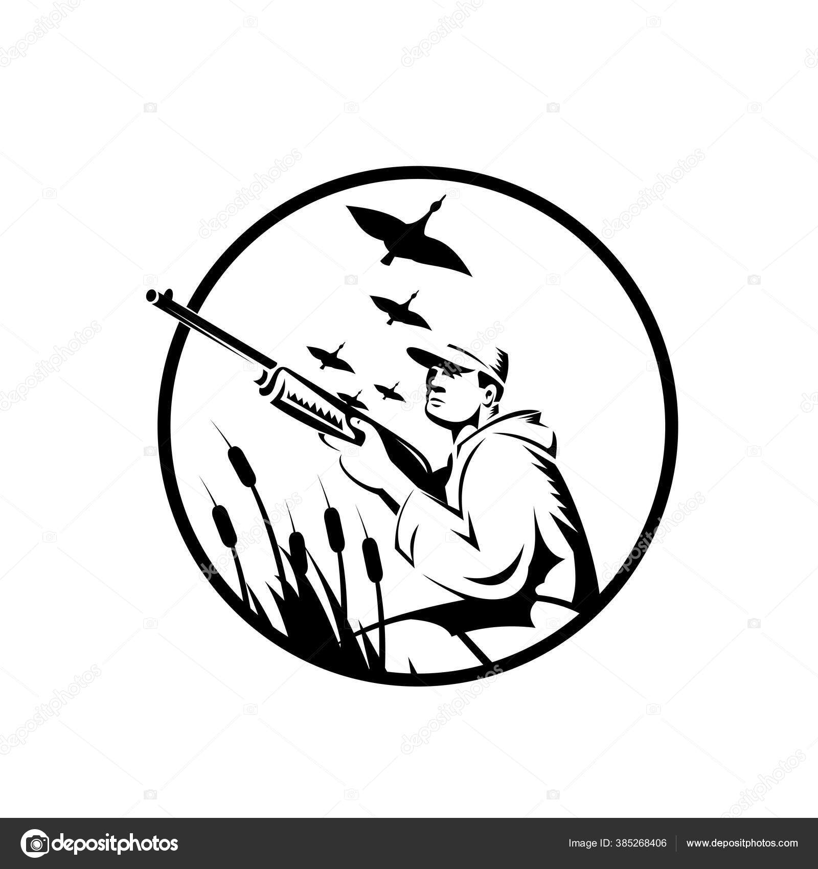 Black White Illustration Duck Hunter Bird Shooter Rifle Hunting Aiming ...