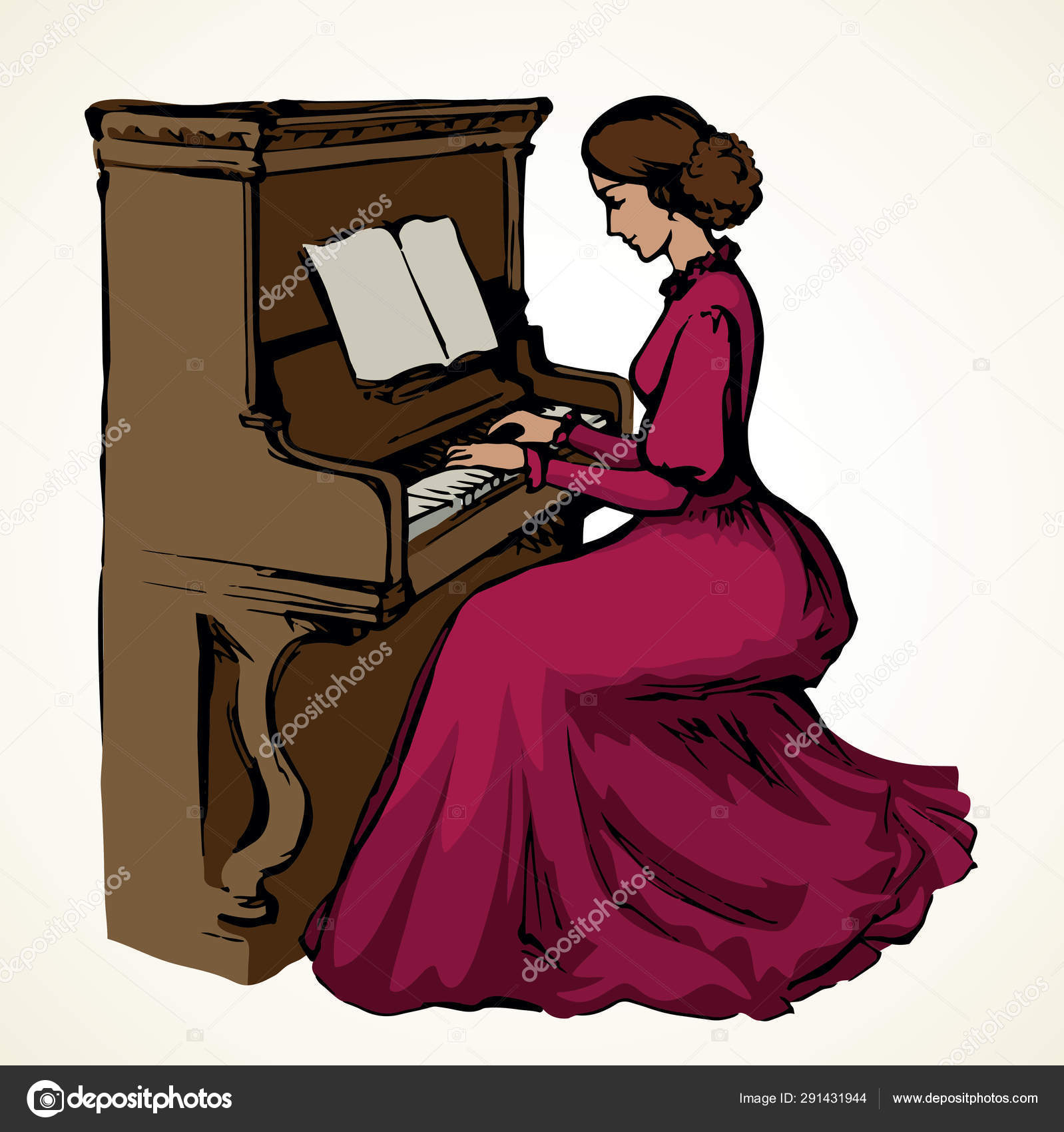 Girl Playing Piano Black And White Drawing