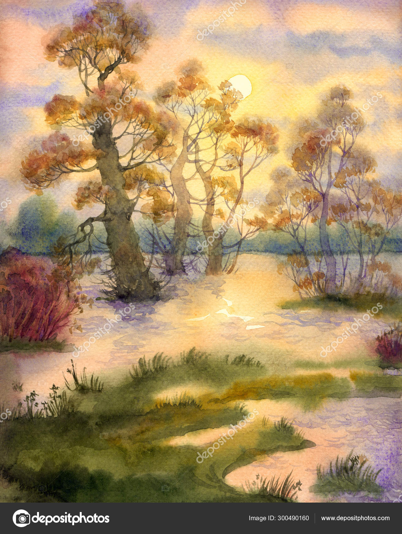 Watercolor landscape. Spring flooding river Stock Illustration by ...