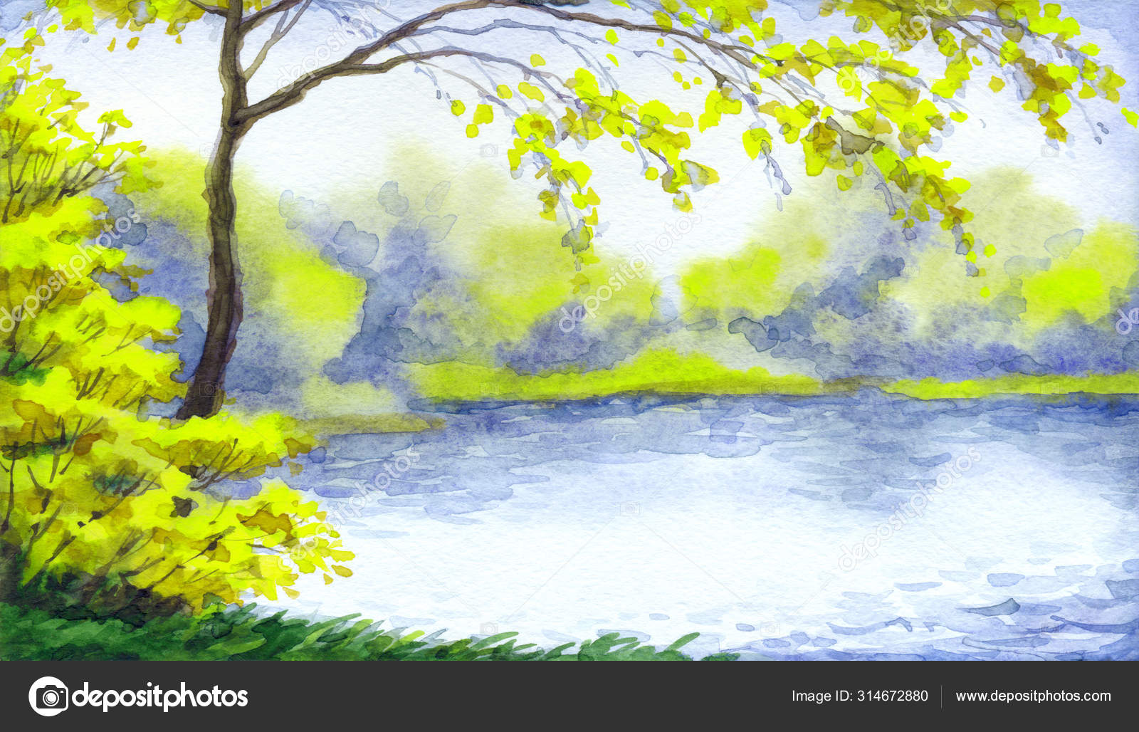 Watercolor landscape. Lake in the autumn forest Stock Photo by ©Marinka ...