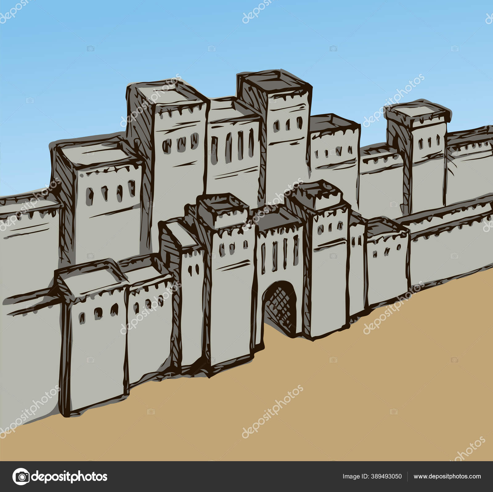 Asie Arábie Hebrejské Město Linie Cihlová Scéna Bílém Nebi Textový ...