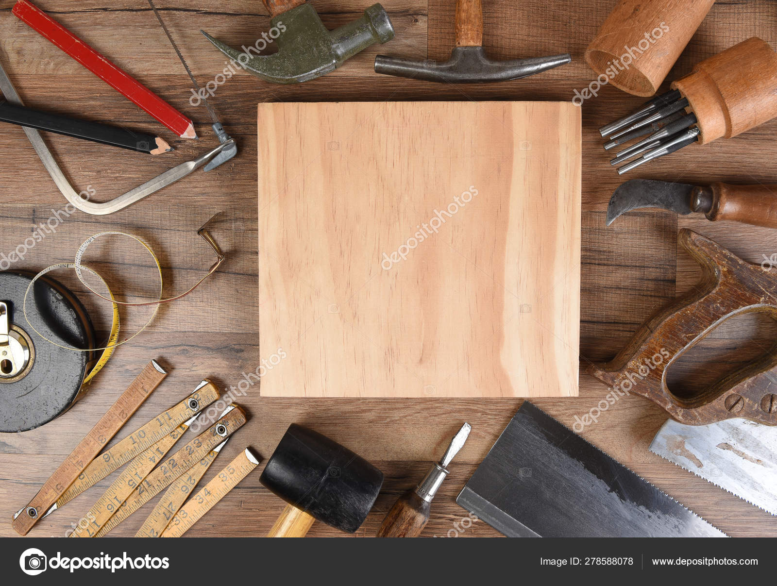 High angle closeup of a large group of tools arranged around an — Stock ...