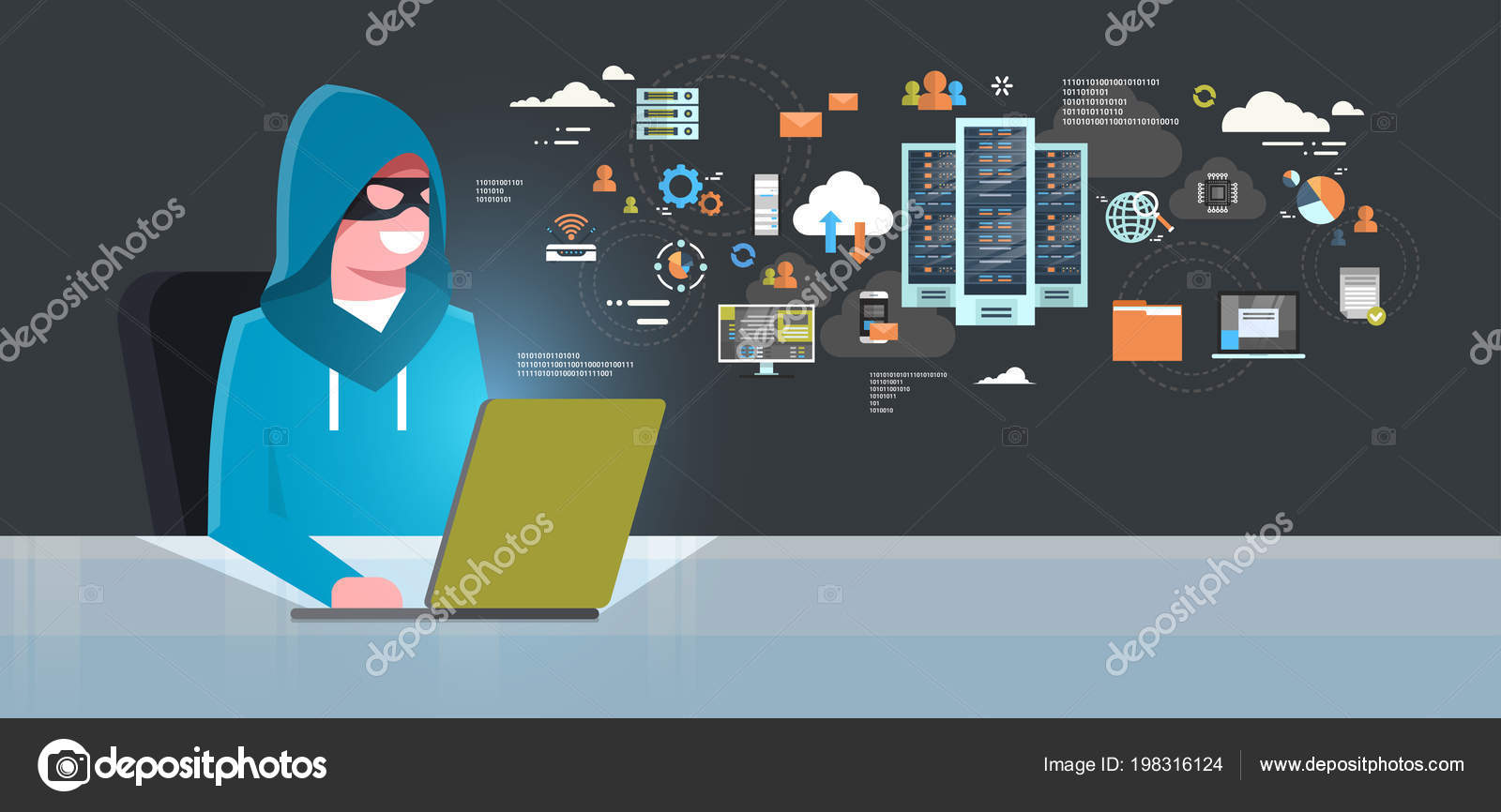 Man Black Mask Sitting At Computer Hacker Activity Concept Viruses Data ...