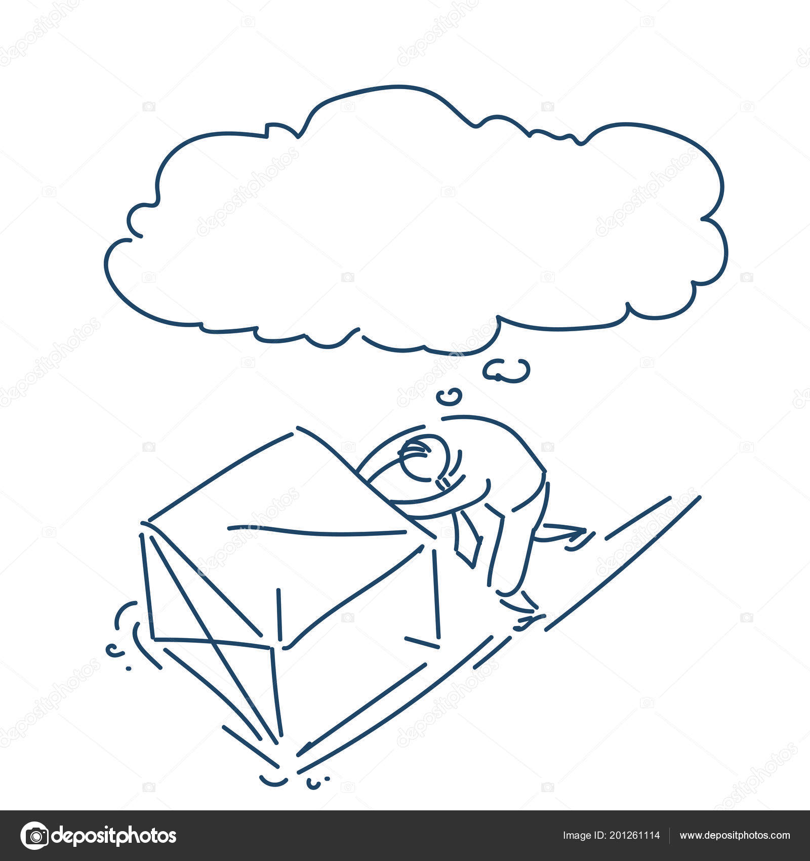 Businessman pushing big box bubble hard working concept over white ...